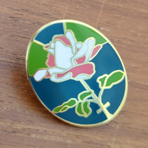 Jewelry | Vintage Enamel Cloisonne Rose With Cross Stem Oval Lapel Pin ...